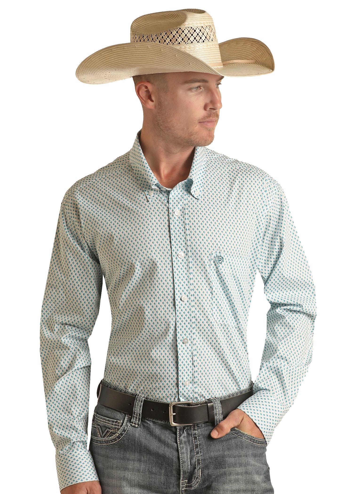 ROCK&ROLL BMB2S03353 MEN'S L/S DITZY GEO TURQ. | Young's Western Wear